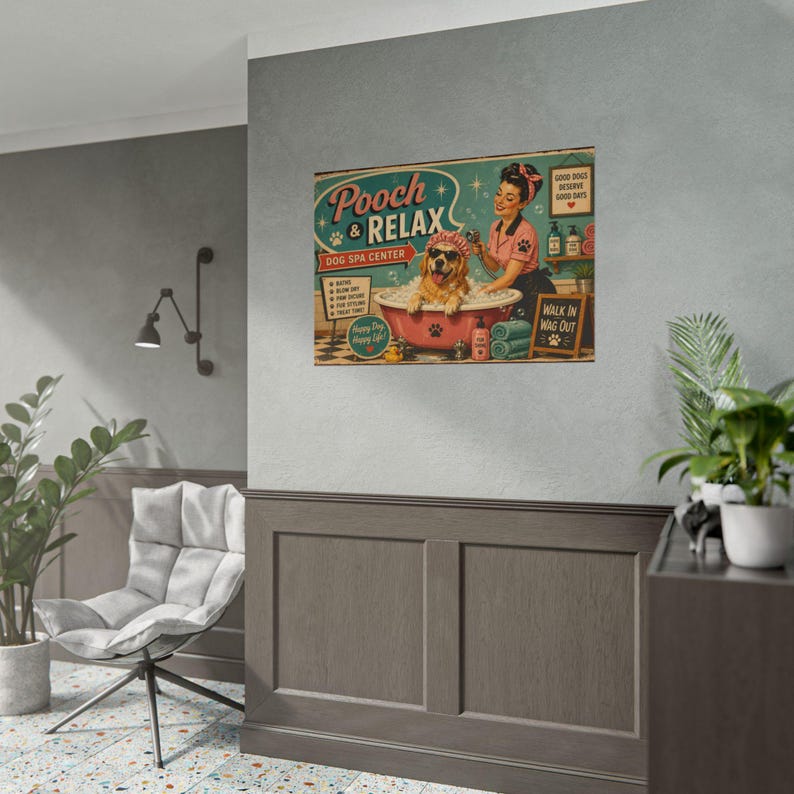 Retro Dog Spa Poster – Vintage Pet Grooming Wall Art, Canine Bathroom ...