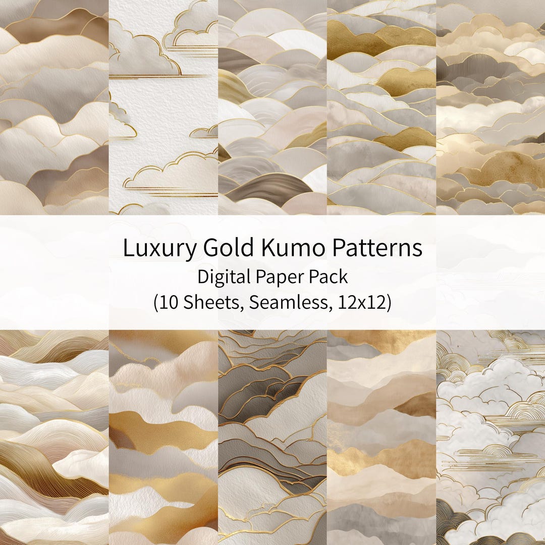 Gold Japanese Cloud Patterns – Japandi Kumo Digital Paper Pack (10 ...