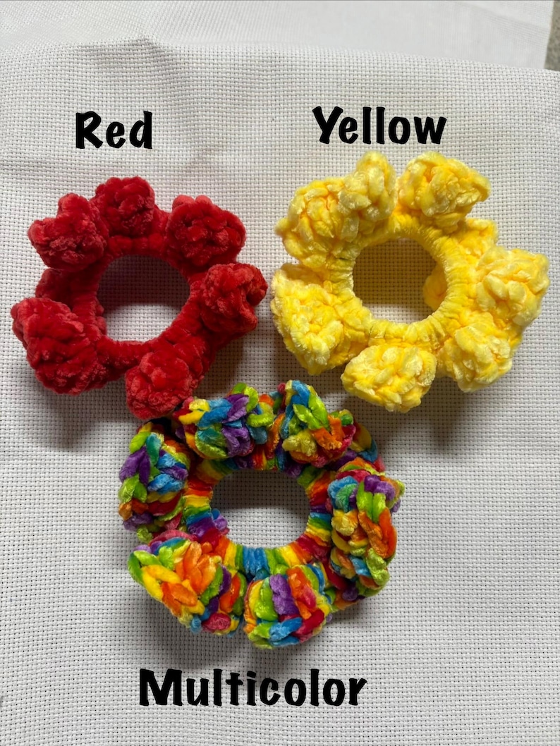 Set of 3 Handmade Crocheted Hair Scrunchie Crochet: Soft Chenille Yarn ...