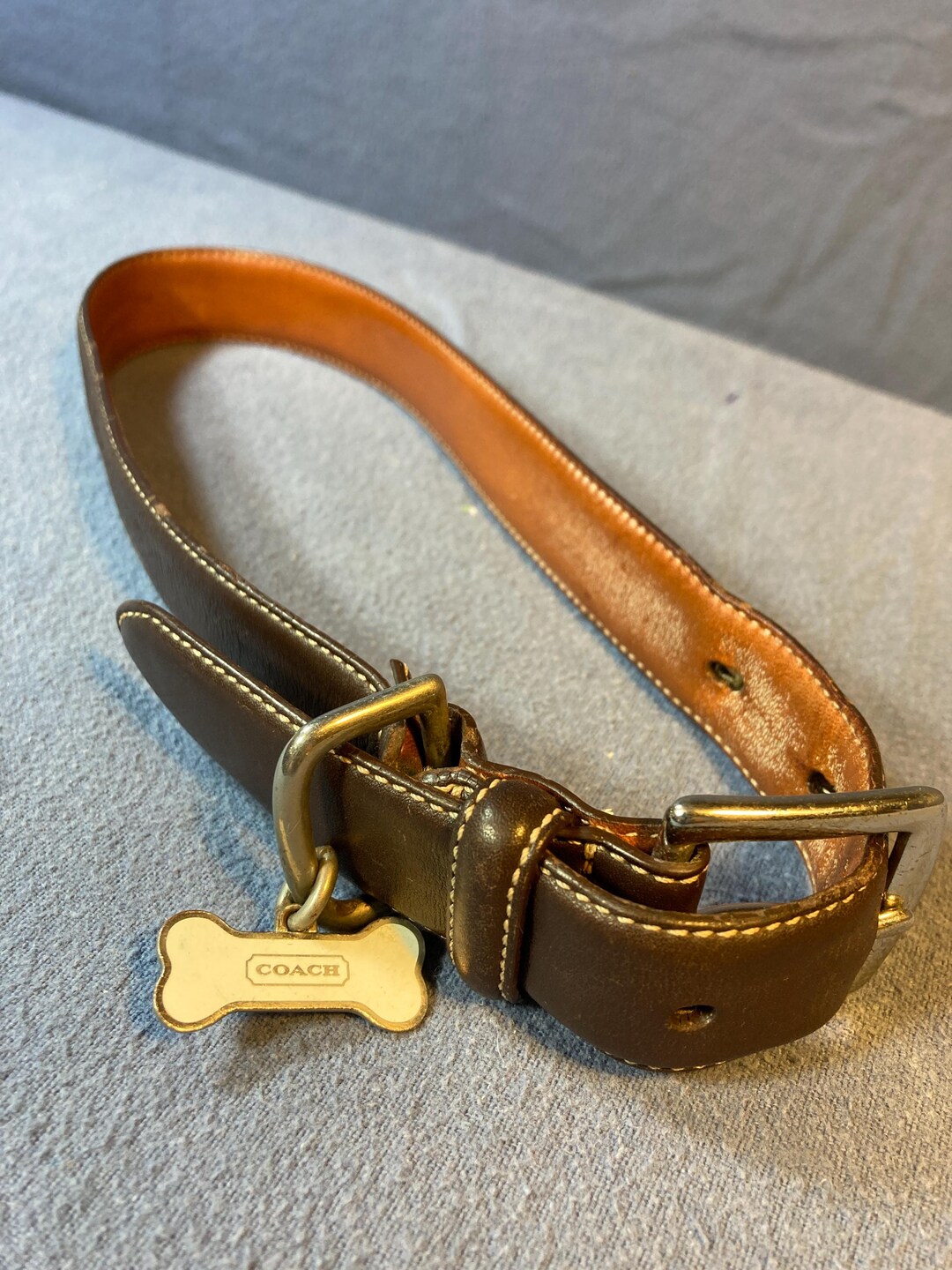 Dog Collar, Classy COACH Brown Leather With Bone Charm, Large 17" - 21 ...