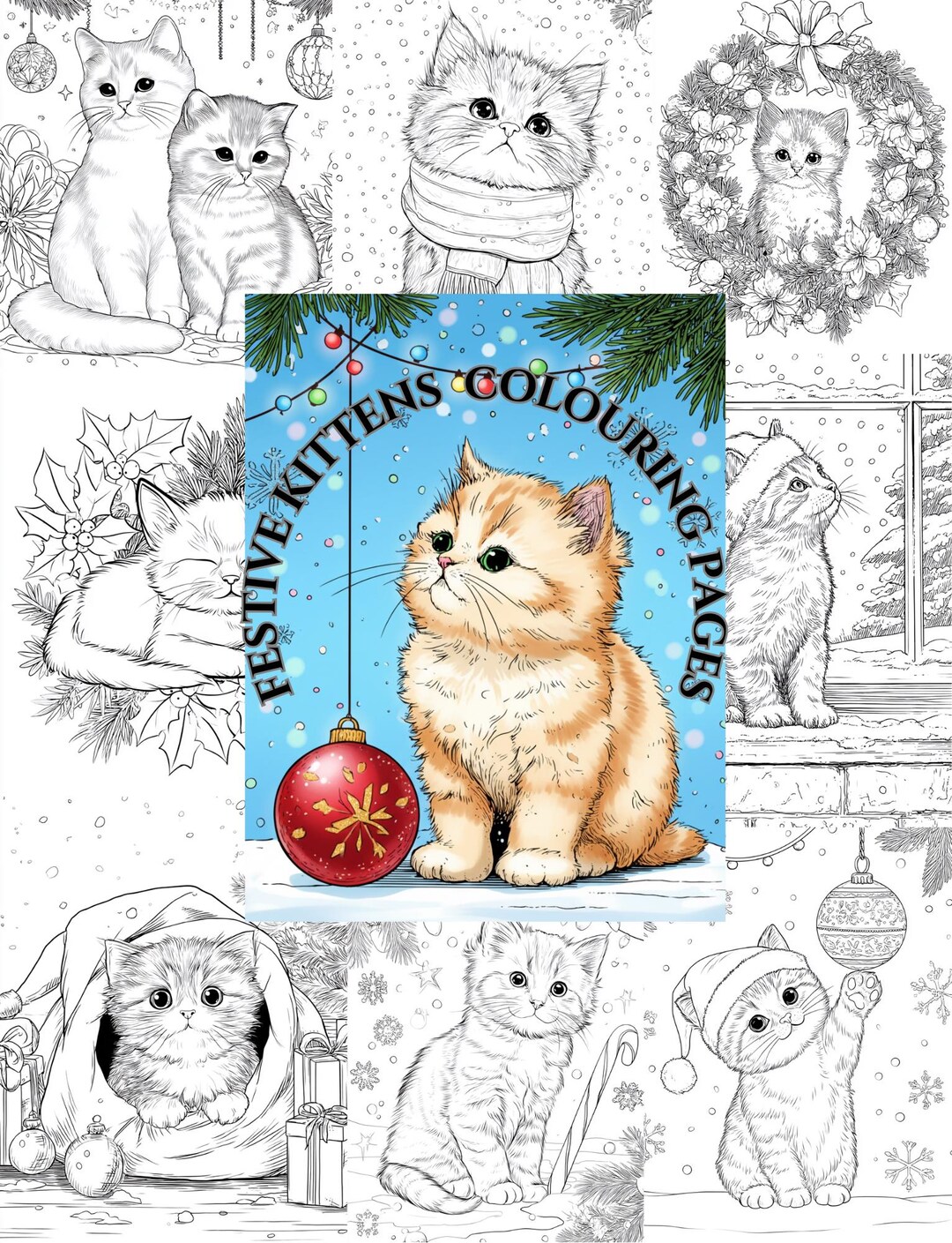 20 Christmas Kittens Coloring Pages, Christmas Cats Colouring Book ...