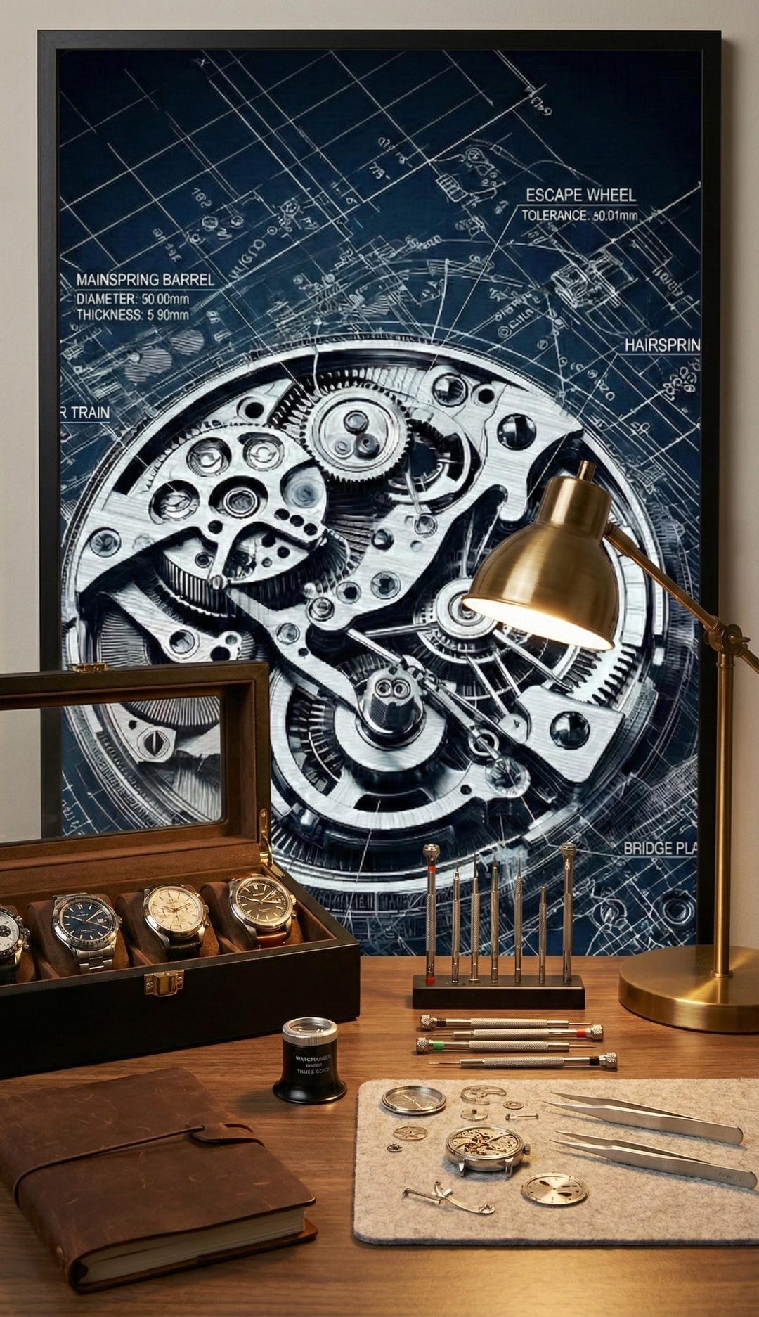 Watch Mechanism Blueprint Art | Intricate Horology Design Print ...