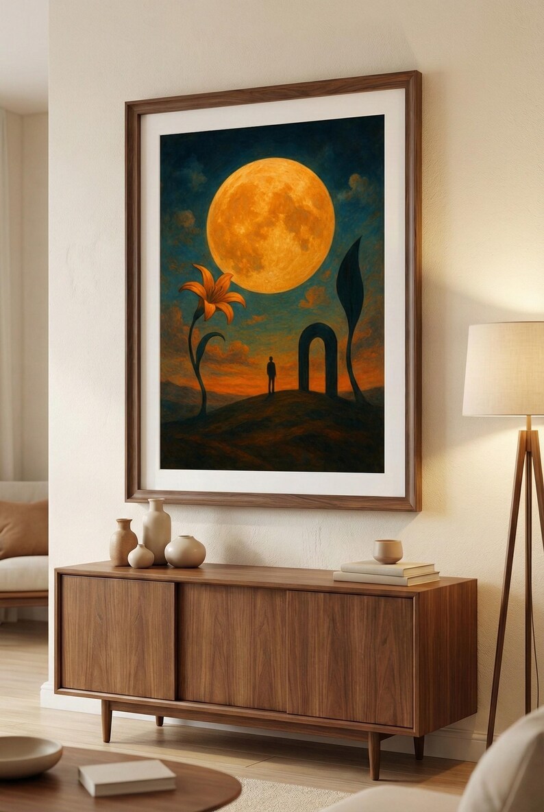 Whimsigoth Orange Moon Wall Art, Surreal Celestial Fantasy Print - Etsy