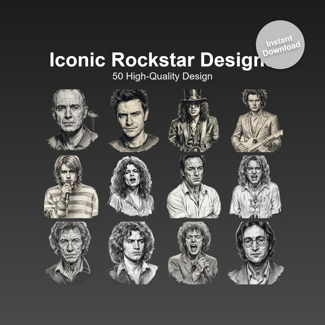 50 Rockstar Portrait Designs | Vintage Band PNG Bundle (instant ...