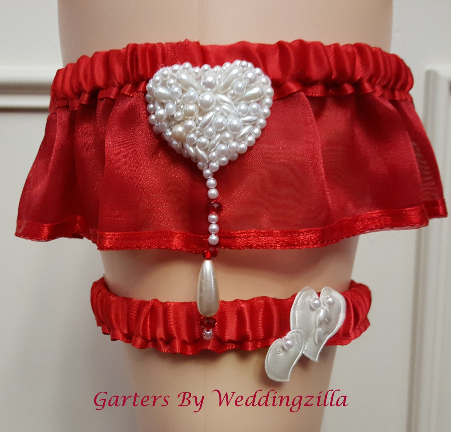 Red Organza Wedding Garter Set / Handmade Pearl Heart / Hand Made Pearl ...