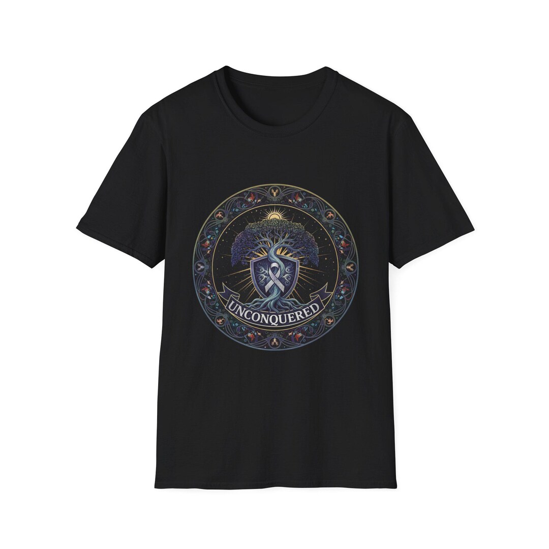 Unconquered Shield and Sword T-shirt | Cancer Awareness, Warrior Emblem ...