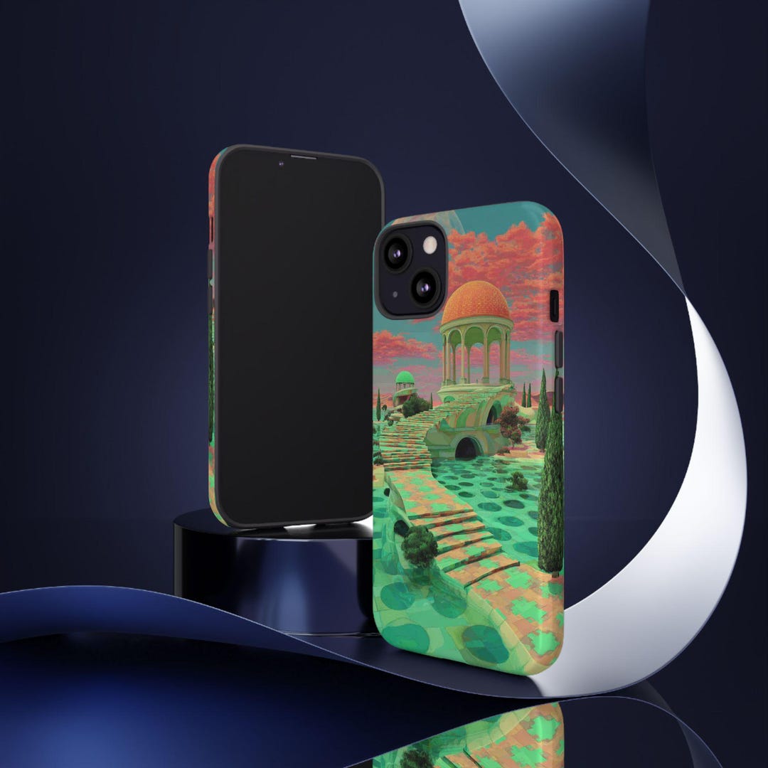 90s CGI Art Phone Case | Liminal Temple Garden, Pastel Sunset - Etsy