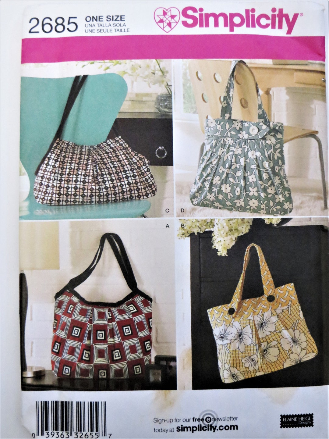 Simplicity 2685 Handbags Purses Totes Pattern, 4 Variations Fabric Bags ...