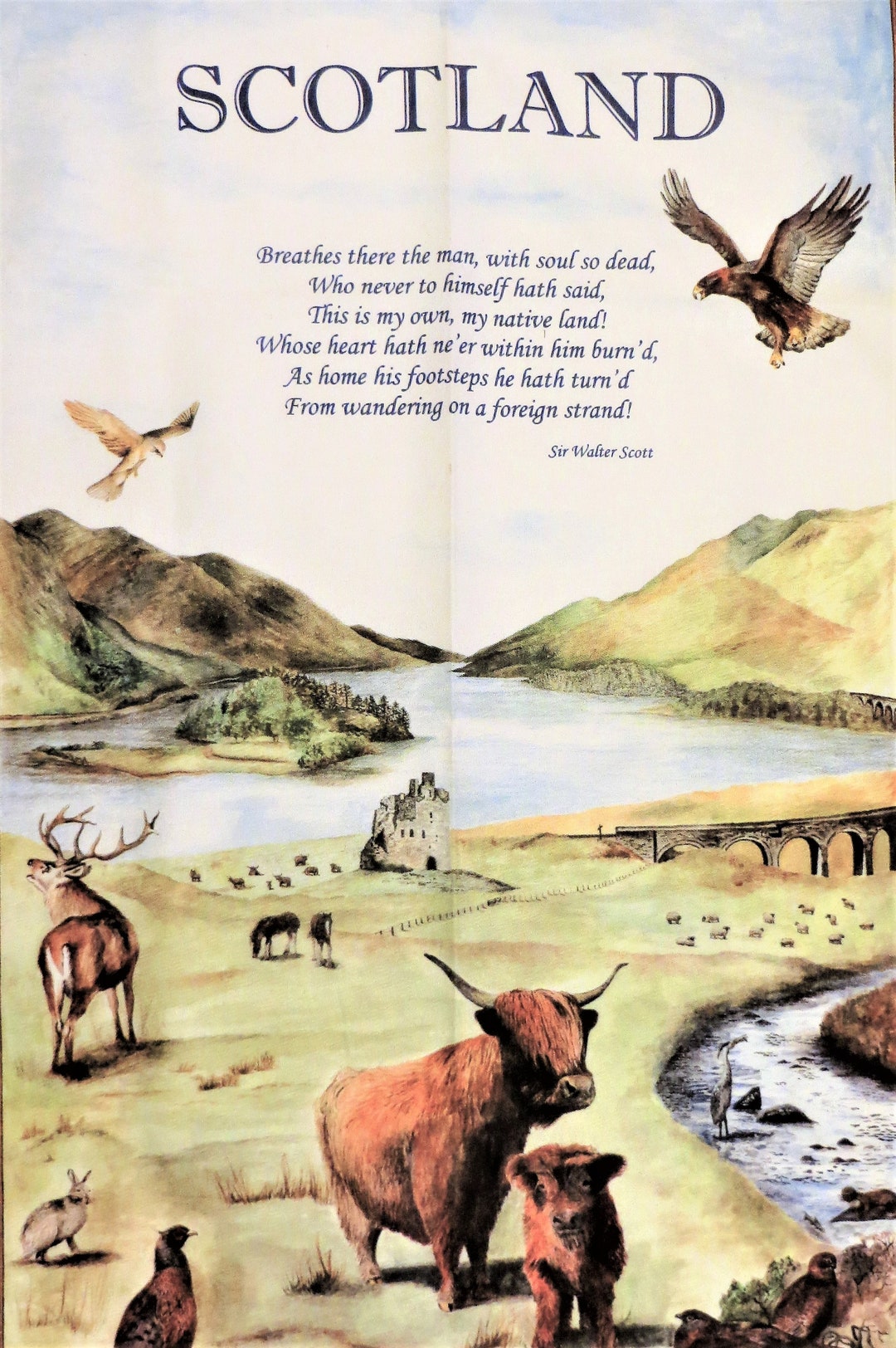 Scotland Tea Towel, Glamis Castle, Sir Walter Scott Poem, Signed Bryan ...