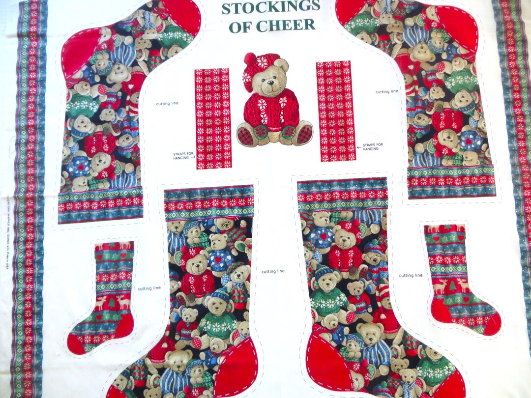 Teddy Bear Stockings Fabric Panel, Christmas Stockings of Cheer ...