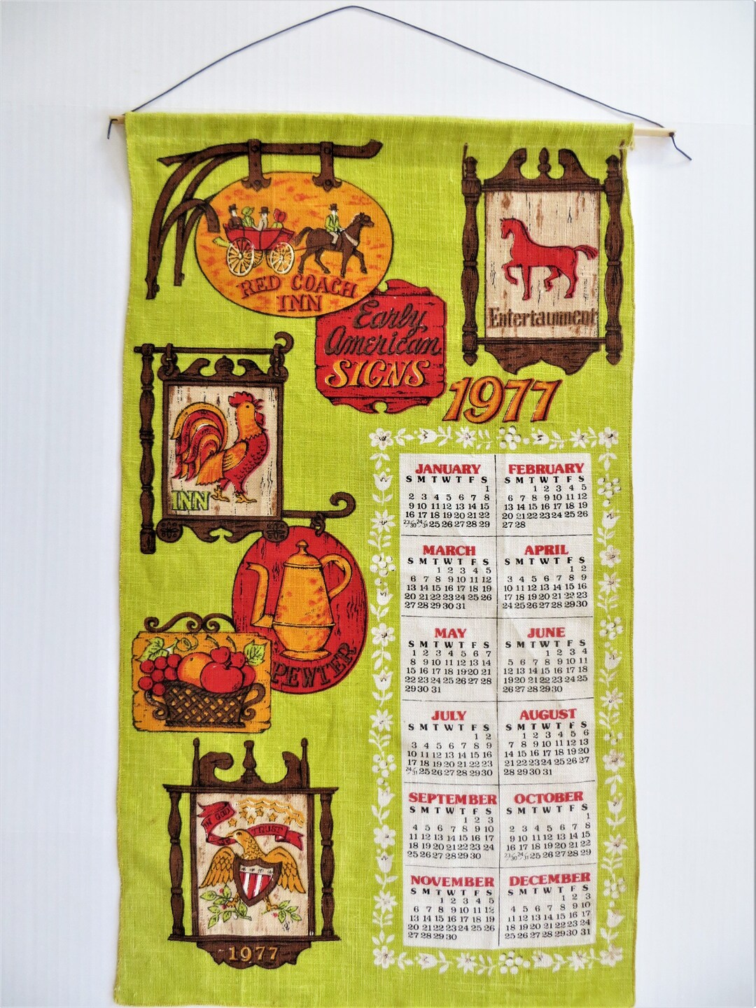 1977 Calendar Towel, Early American Signs, Chartreuse Green Red Orange ...