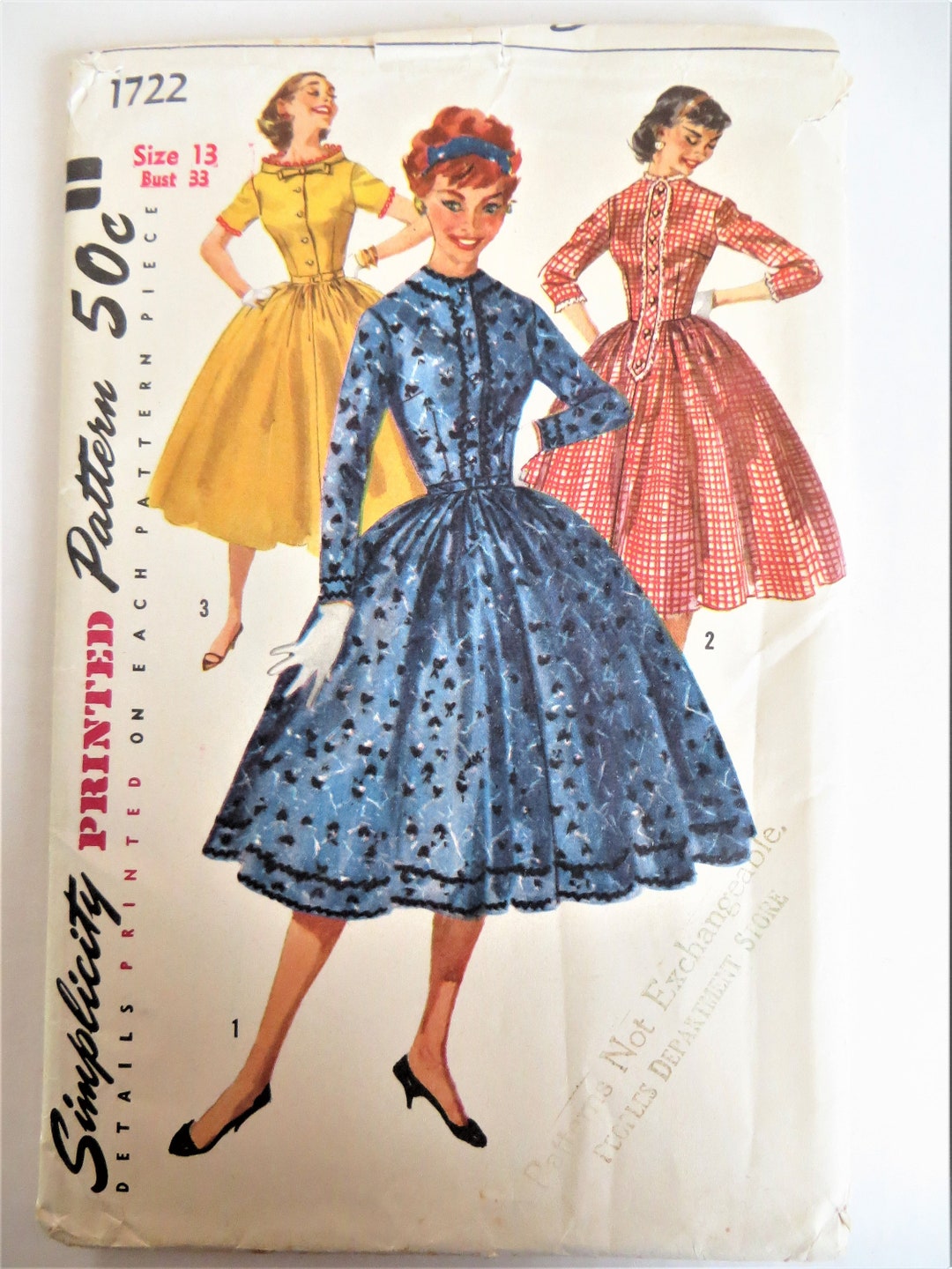 Simplicity 1722 Vintage 50s Dress Pattern, Full Shirtwaist Dress ...