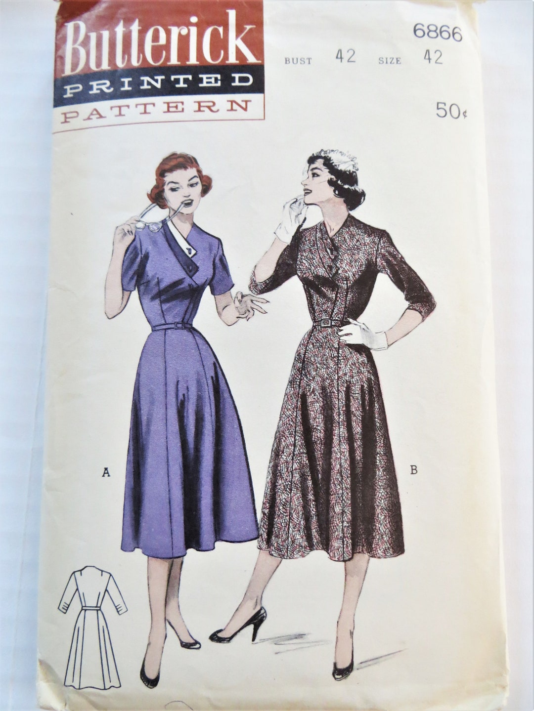 Butterick 6866, 40s 50s Dress Pattern, Fitted Bodice, Gored Flared ...