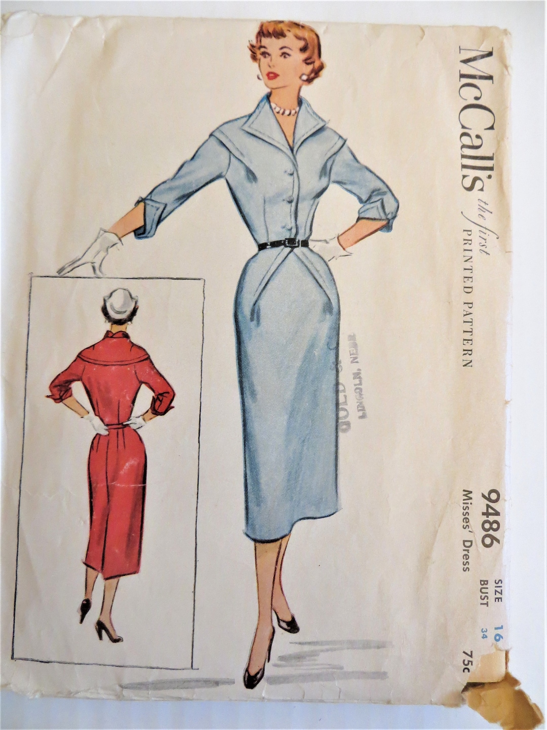 Simplicity 9486, 50s Dress Pattern, Slim Skirt , Diagonal Darts, V Neck Collar, Size 16 Bust 34 ...
