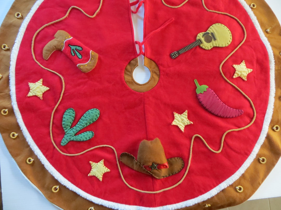 Cowboy Western Christmas Tree Skirt Red Felt With Puffy - Etsy