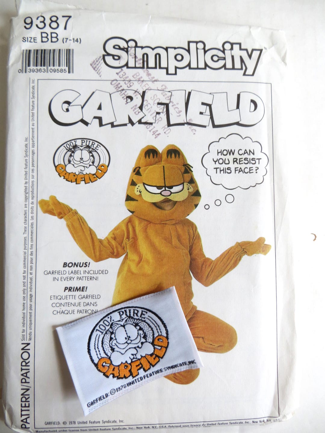 Garfield the Cat Costume Pattern, Includes Bonus Garfield Label ...