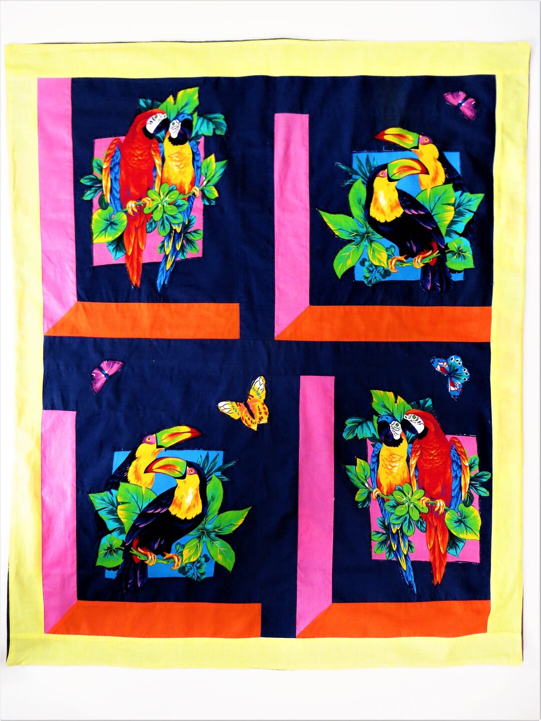 Tropical Birds Wall Quilt Tablecloth, Macaws Toucans Applique Patchwork, Navy Blue Bright Colors ...