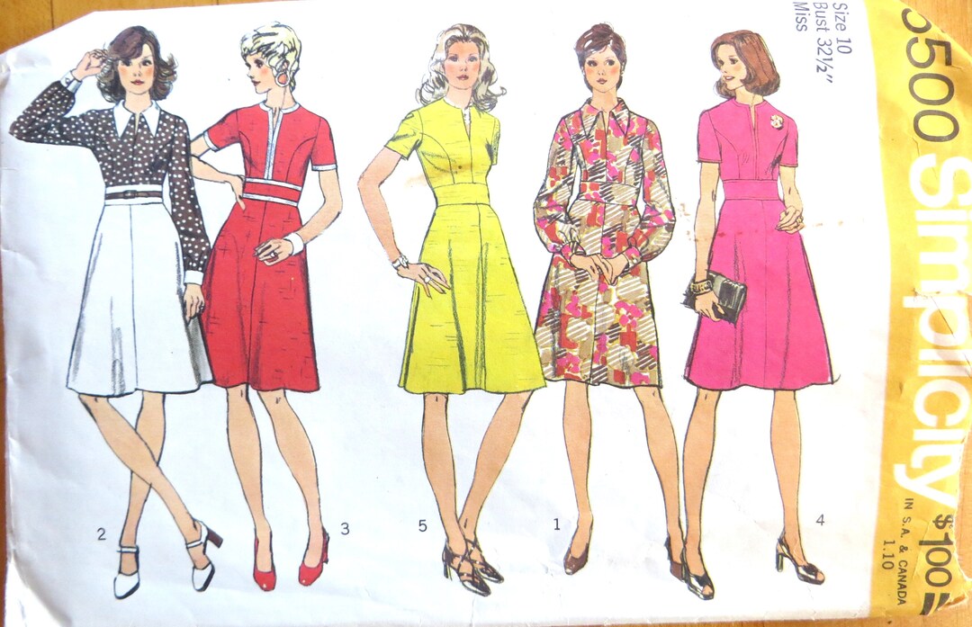 Simplicity 5500 70s Flared Dress Pattern, Princess Seams A-line, V Neck or Big Collar, Short or ...