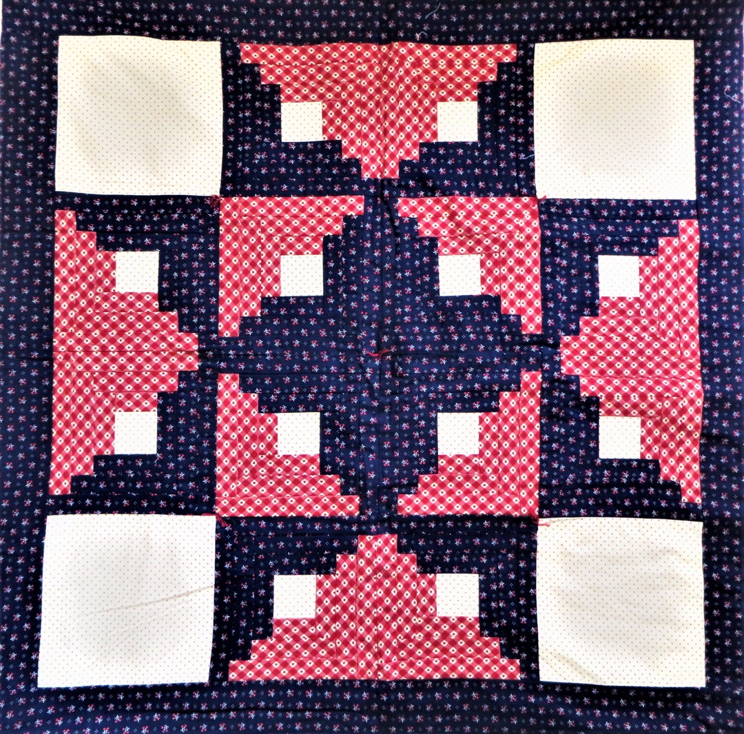 Log Cabin Patchwork Quilt Throw, Red White Blue Small Country Calico ...