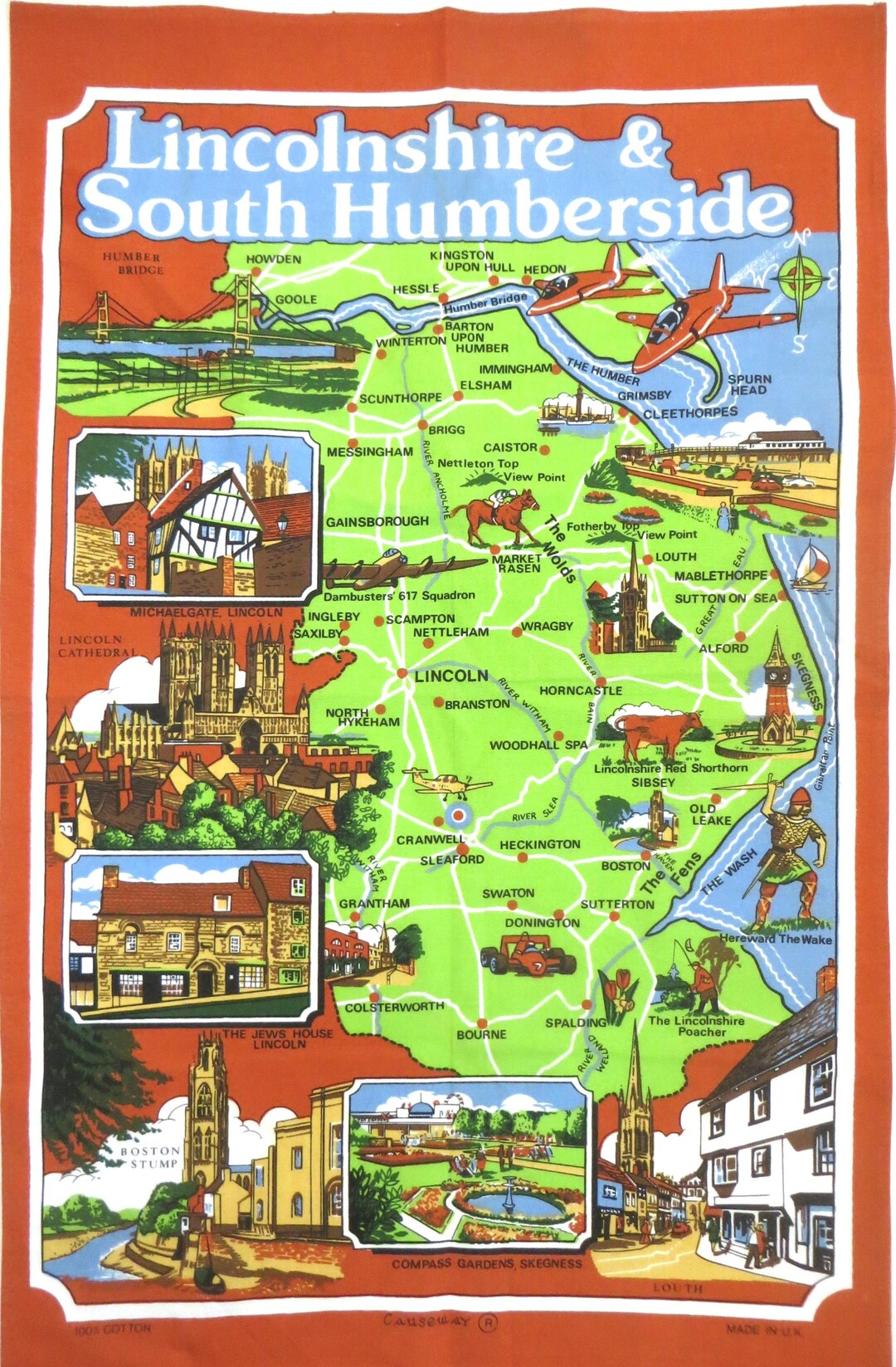 Lincolnshire South Humberside Map Tea Towel, Tourist Attractions ...