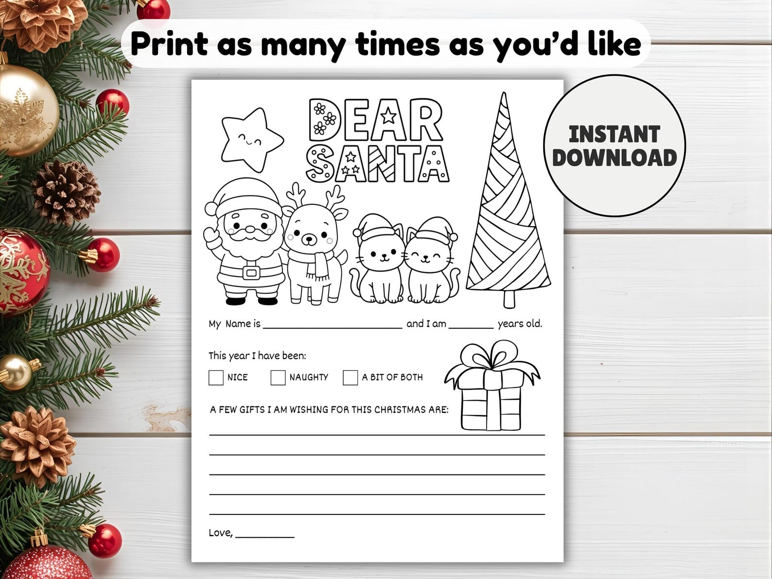 Letter to Santa Coloring Page Printable, Christmas Wish List, Activity ...