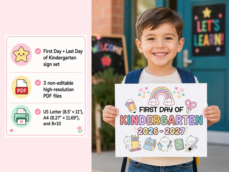 First Day of Kindergarten Sign 2026-2027, Last Day of Kindergarten ...