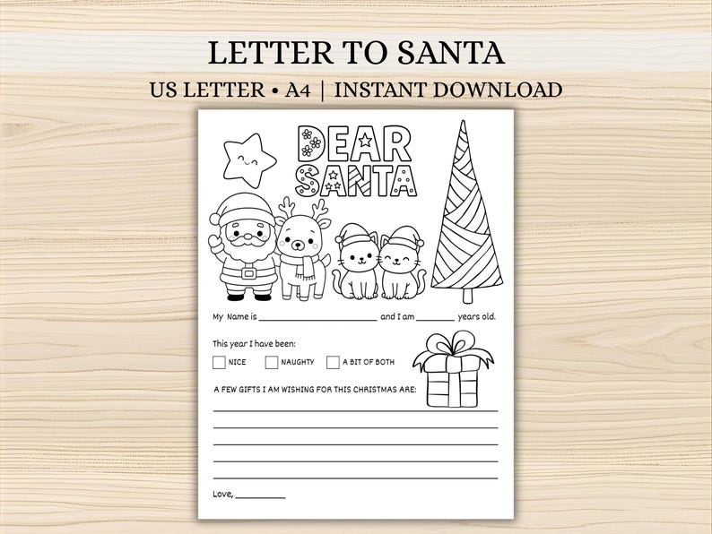 Letter to Santa Coloring Page Printable, Christmas Wish List, Activity ...