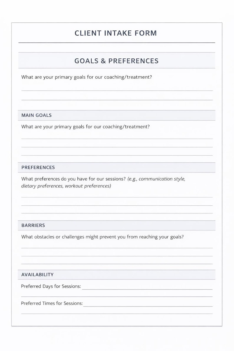 Client Intake Form Printable PDF for Coaches | Instant Download - Etsy