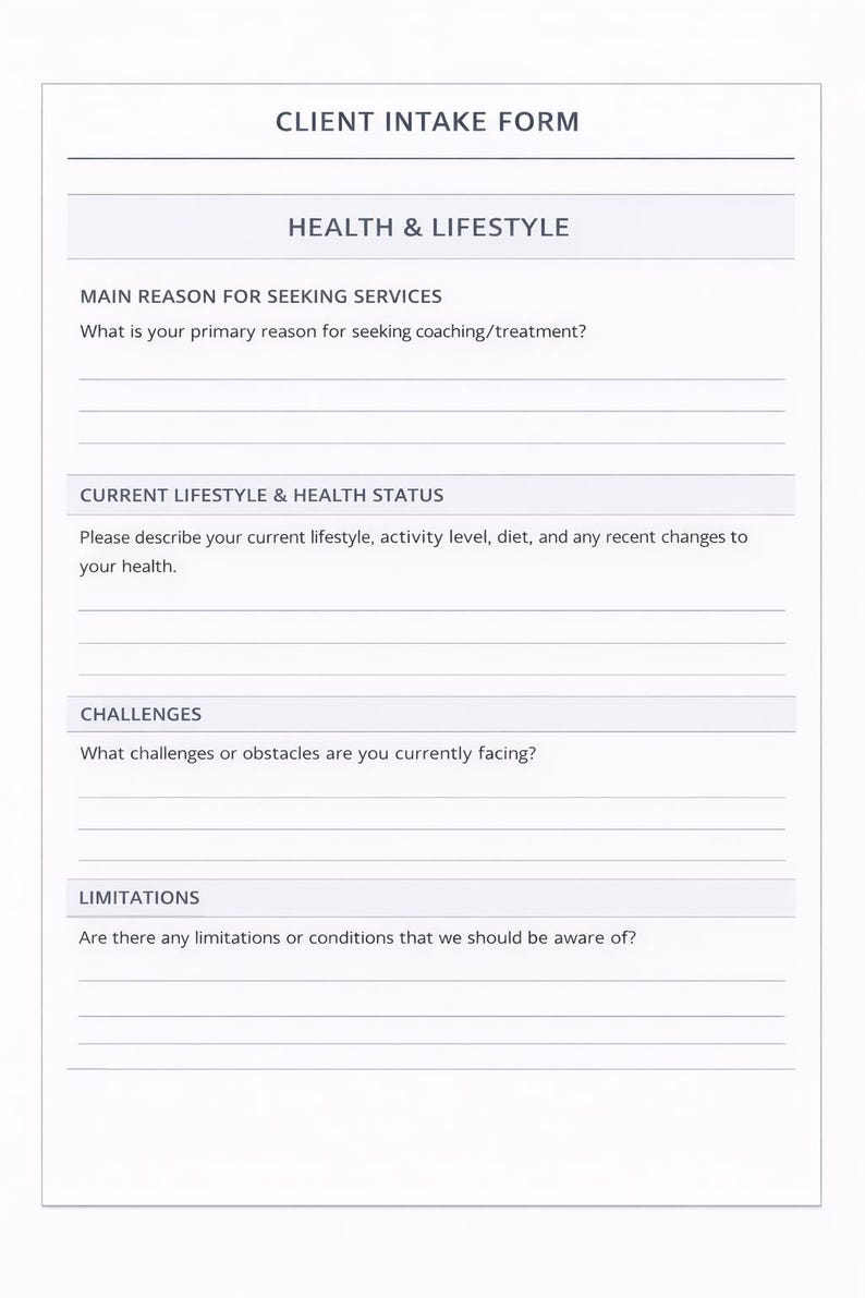 Client Intake Form Printable PDF for Coaches | Instant Download - Etsy