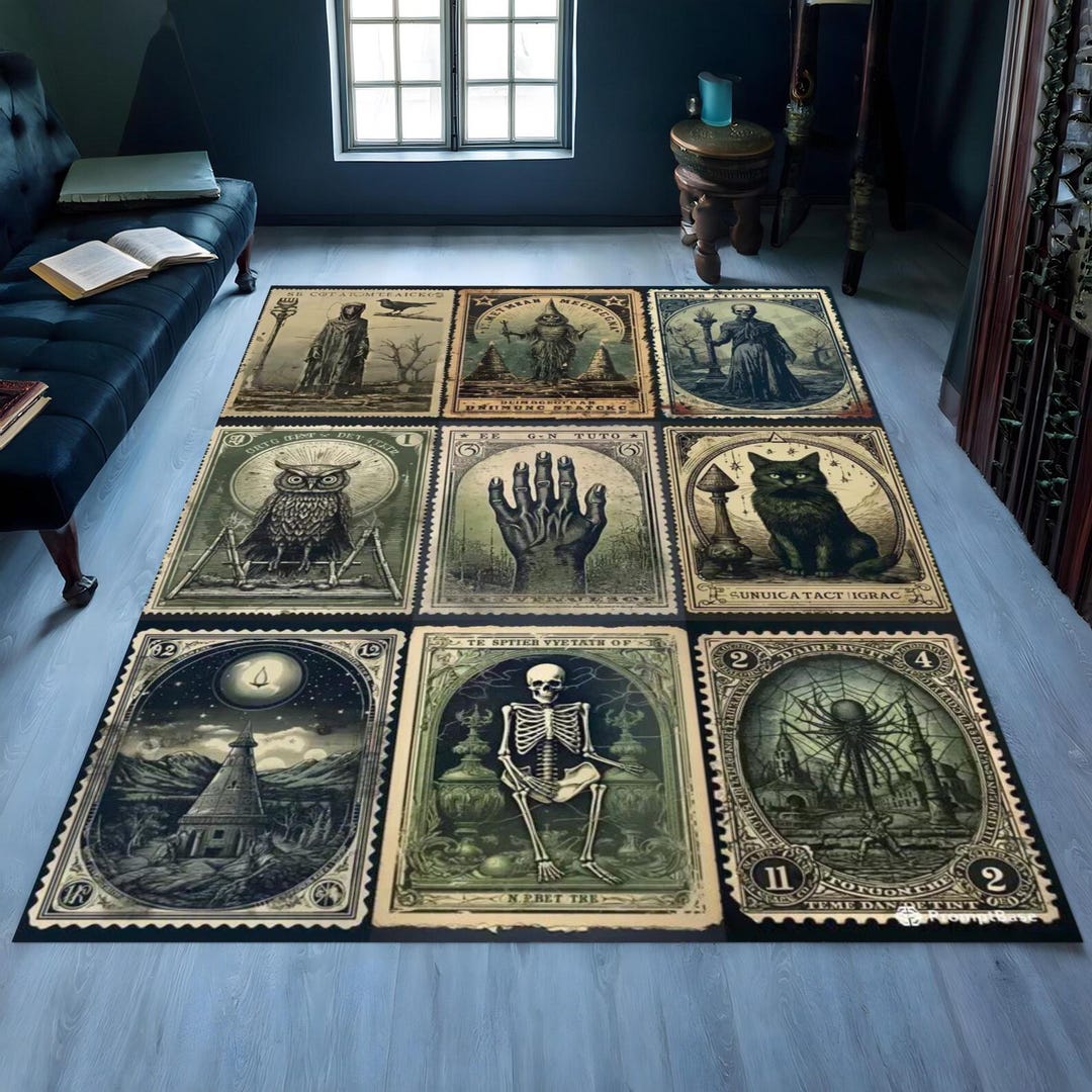Dark Gothic Tarot Style Area Nonslip Rug, Vintage Occult Illustration ...