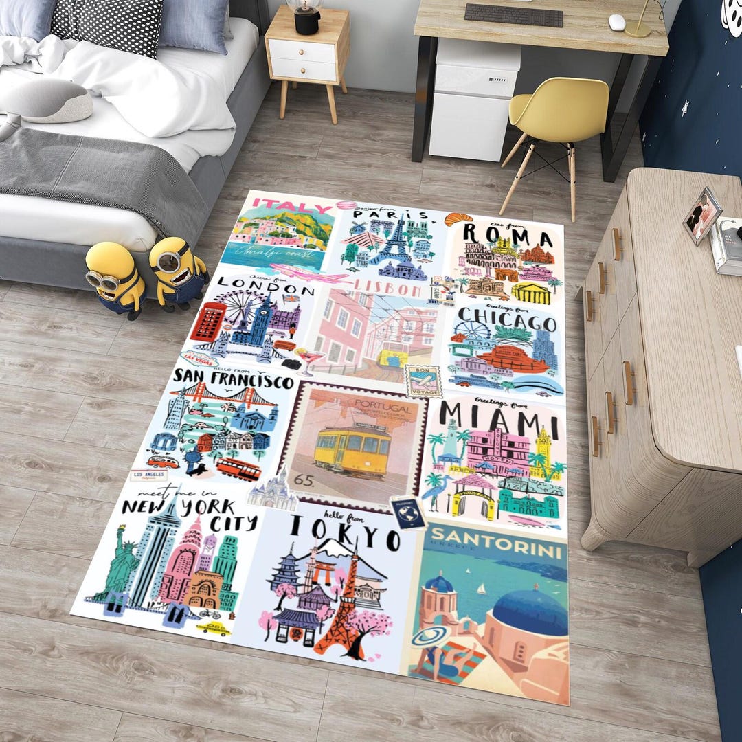 Travel Cities Rug, Washable World Landmarks Carpet, Vintage Postcard ...