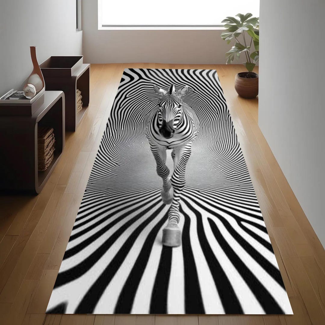 Zebra Optical Runner Rug, Black and White Hallway Runner, Modern Animal ...