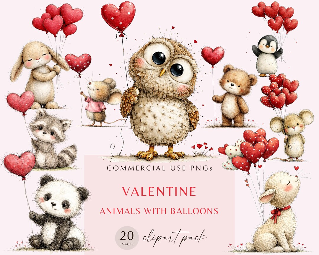 Watercolor Valentine Animals Clipart | Heart Balloons PNG Set (digital ...