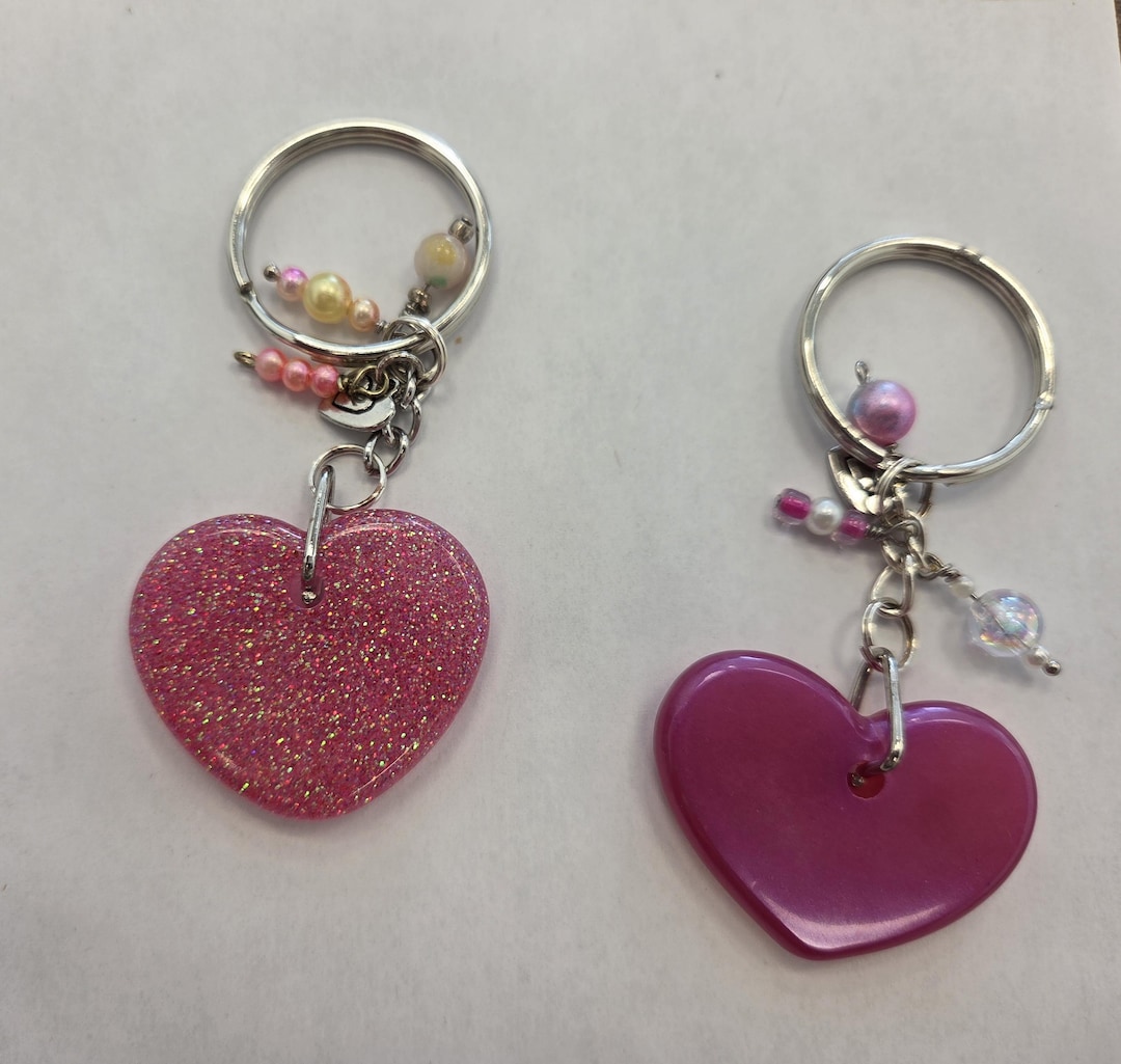 Pink Resin Keychain. Heart Shape With Pearl Like Beads. - Etsy