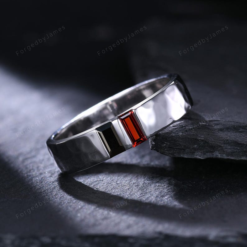 Men's Baguette Two Stone Wedding Band 5mm - Hammered Sterling Silver ...