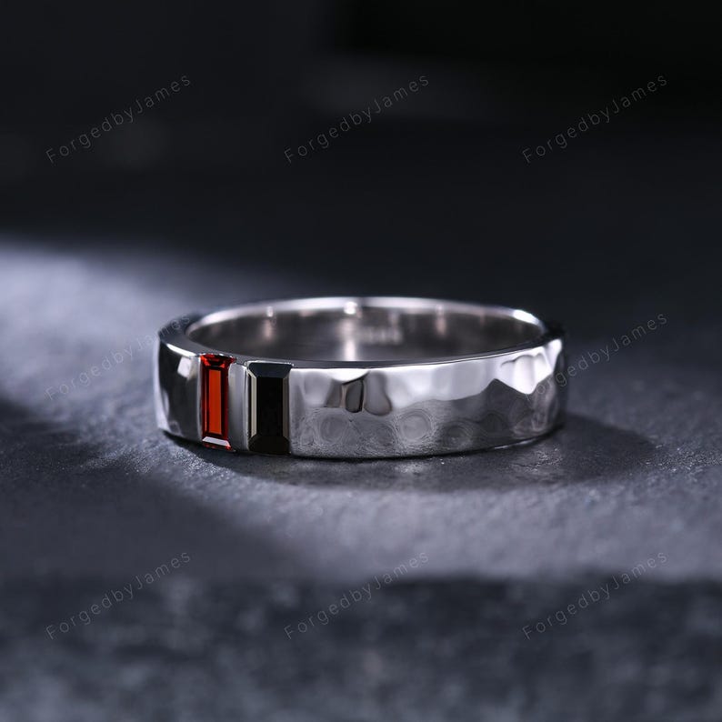 Men's Baguette Two Stone Wedding Band 5mm - Hammered Sterling Silver ...