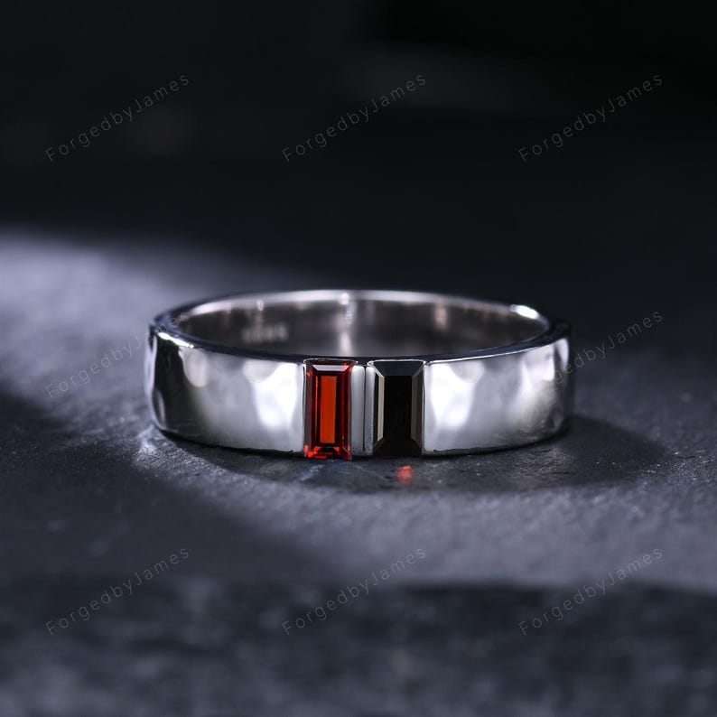 Men's Baguette Two Stone Wedding Band 5mm - Hammered Sterling Silver ...