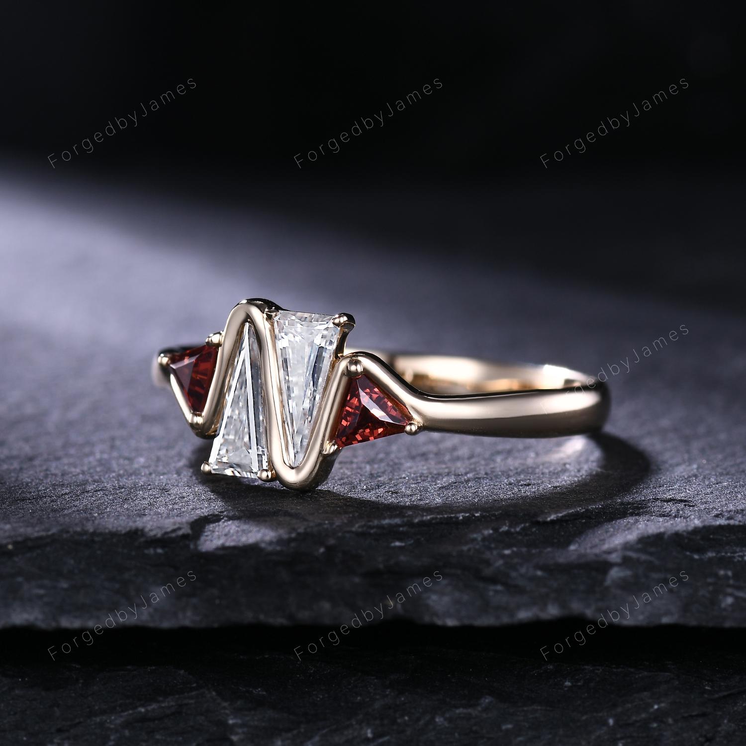 Heartbeat Engagement Ring With Natural Garnet & Moissanite Triangles ...