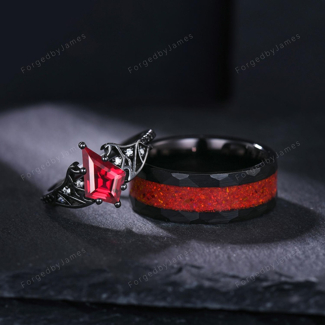 Gothic Kite July Ruby Couple Rings Set – 925 Silver Bat Wings Ring ...