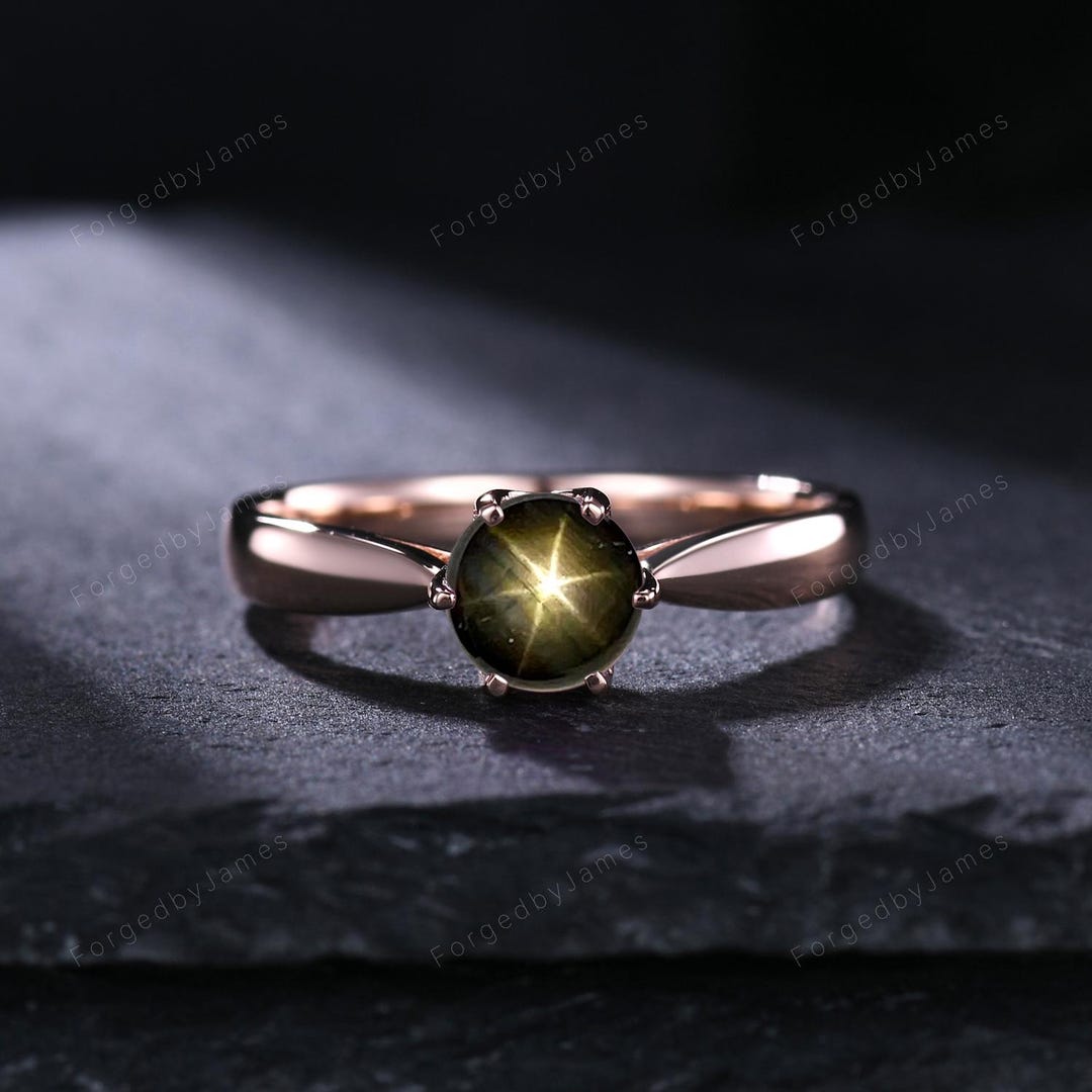6mm Round Black Star Sapphire Solitaire Engagement Ring Solid Rose Gold ...