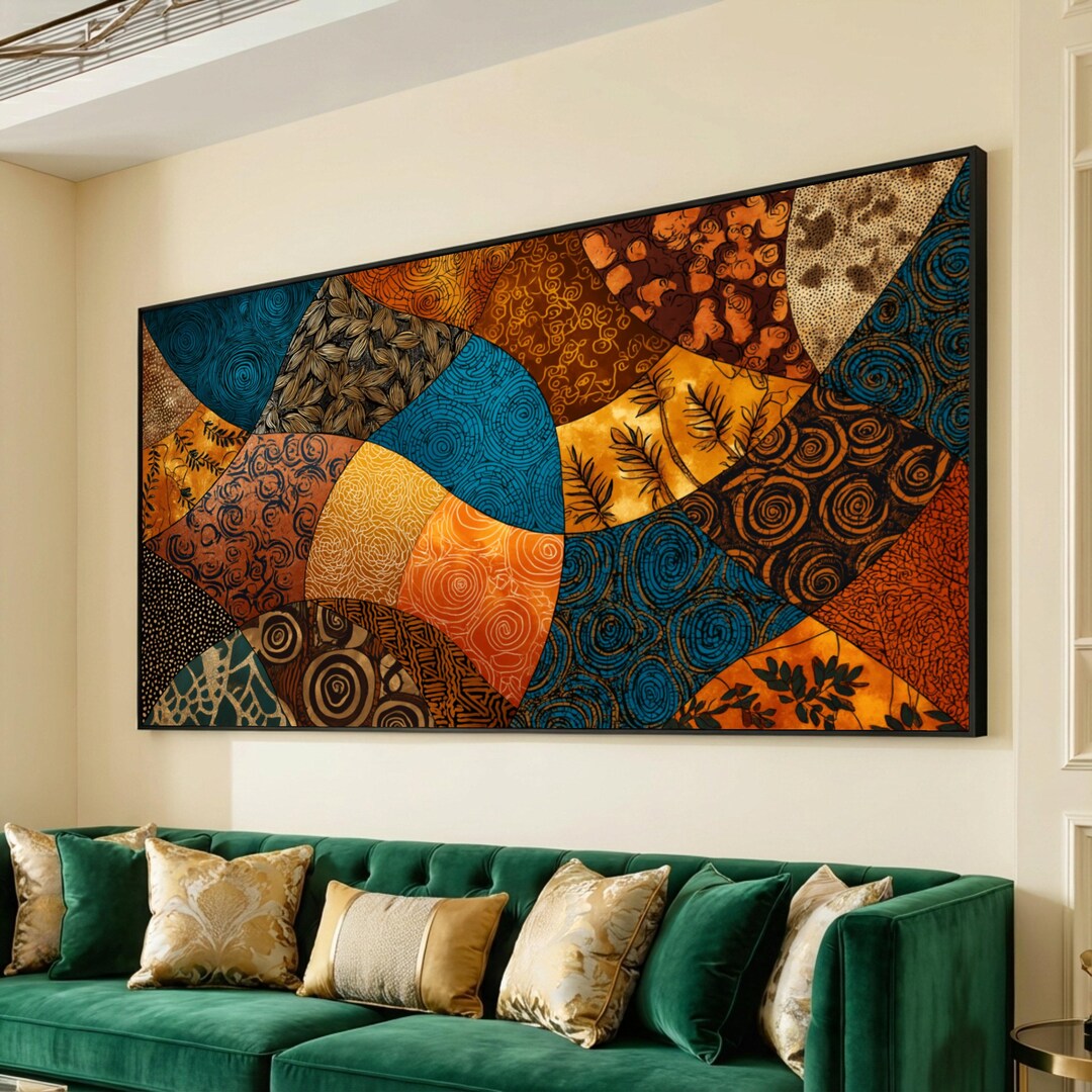 Abstract Patchwork Design Canvas, Bohemian Wall Art, Earth Tone Home ...