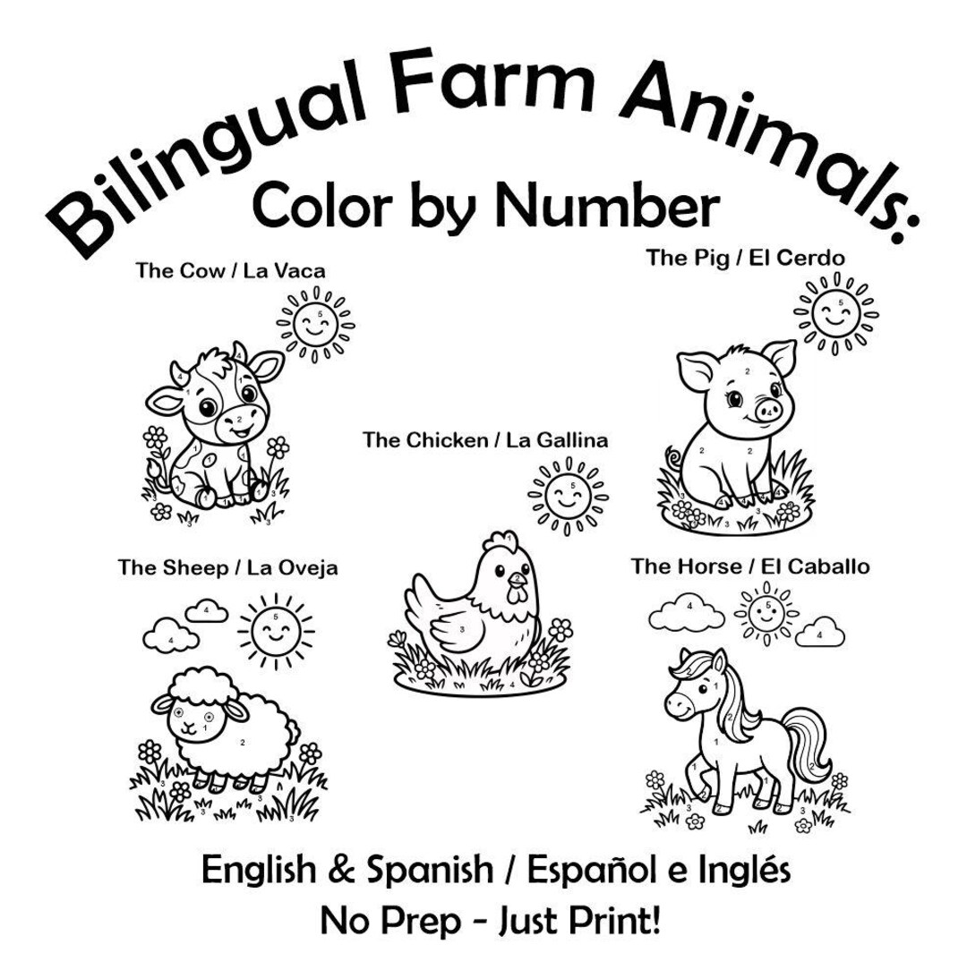 Bilingual Color by Number | Farm Animals | Spanish & English Coloring ...
