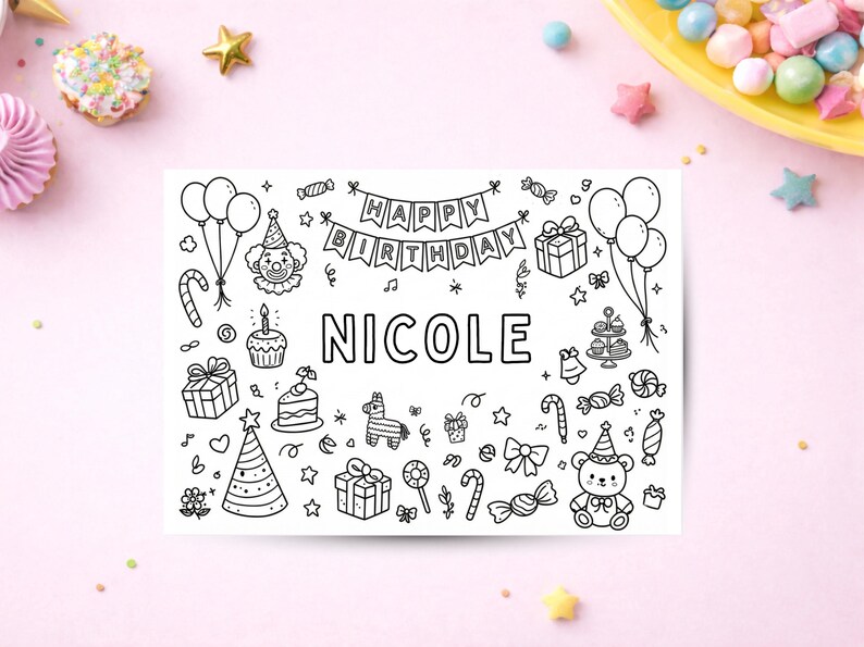 Custom Name Birthday Coloring Page | Personalized Name | Editable Canva ...