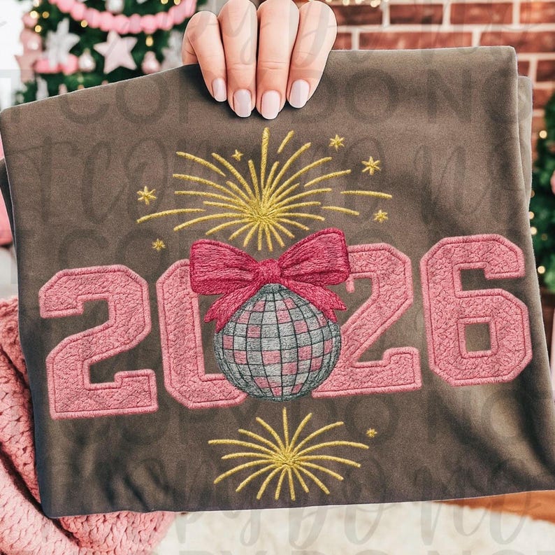 2026 New Year Embroidery Design | Pink Applique 2026 With Disco Ball ...