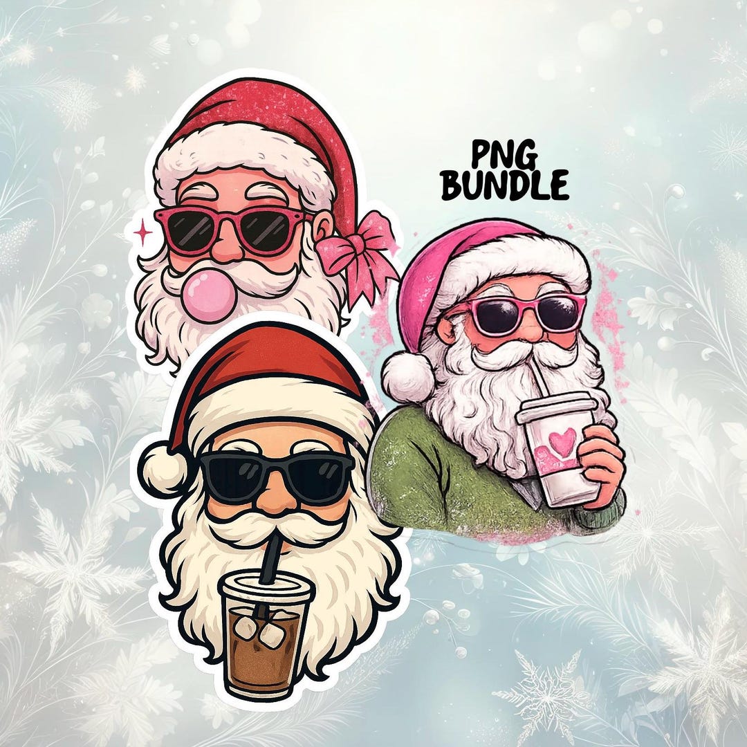 Trendy Santa PNG Bundle | Pink Preppy Santa Clipart | Bubble Gum Santa ...