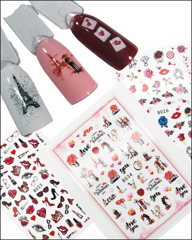 Nail Stickers Valentine’s Day , Self-adhesive Hearts, Roses, Eiffel ...
