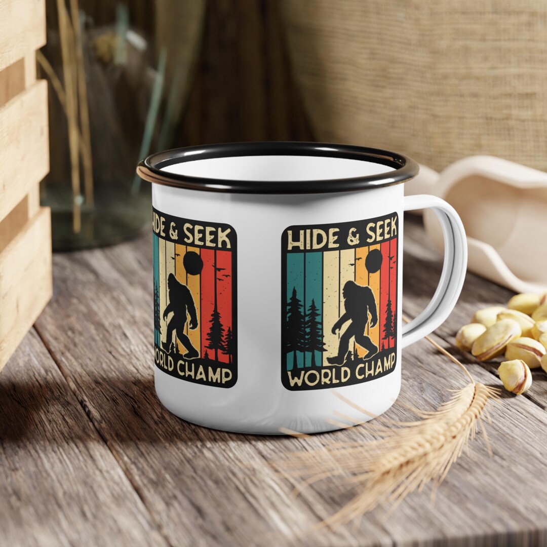 Hide & Seek World Champ Enamel Camp Cup - Bigfoot Design - Camping Mug ...