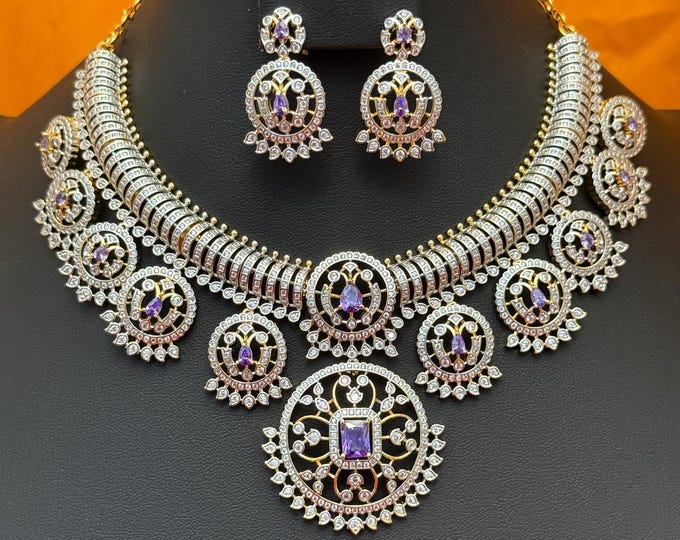 Diamond Amethyst Necklace With Earrings/two Tone Gift Jewelry Her - Etsy