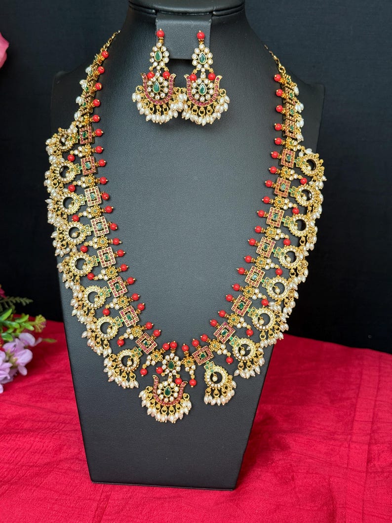 Guttapusalu Pearl Coral Kemp Long Haram Necklace With Earrings /antique ...