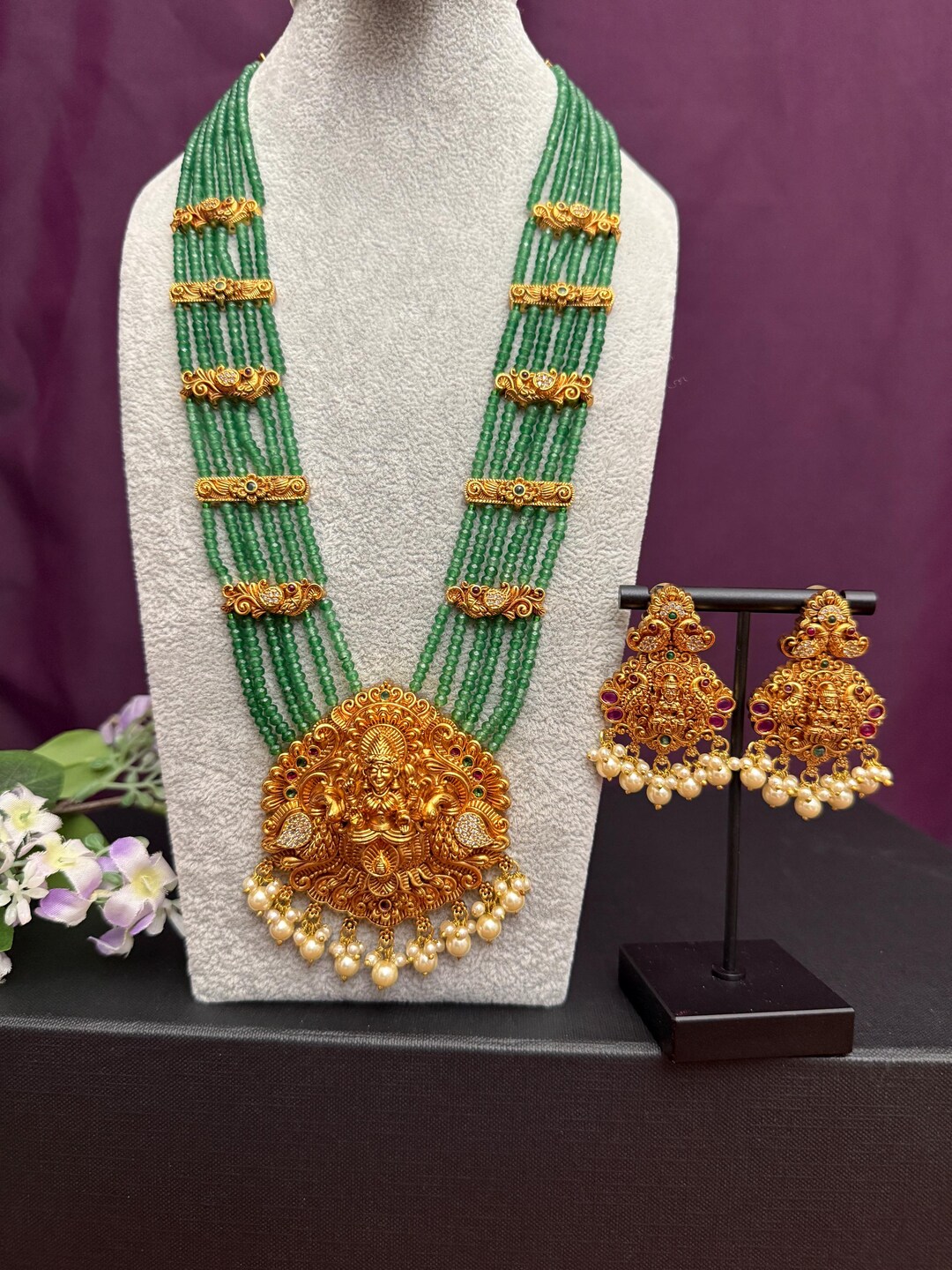 Goddess Lakshmi Devi /chatham Green Beads/rani Haram With Earrings ...